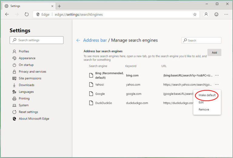 Как добавить или изменить поисковую систему в браузере Microsoft Edge